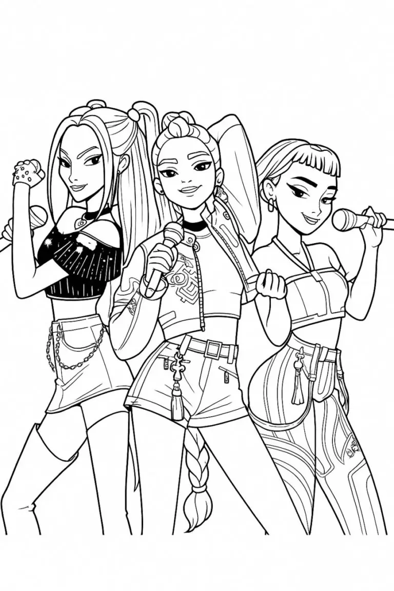 Planșă de colorat cu vânătorii de demoni Kpop – Desen imprimabil gratuit